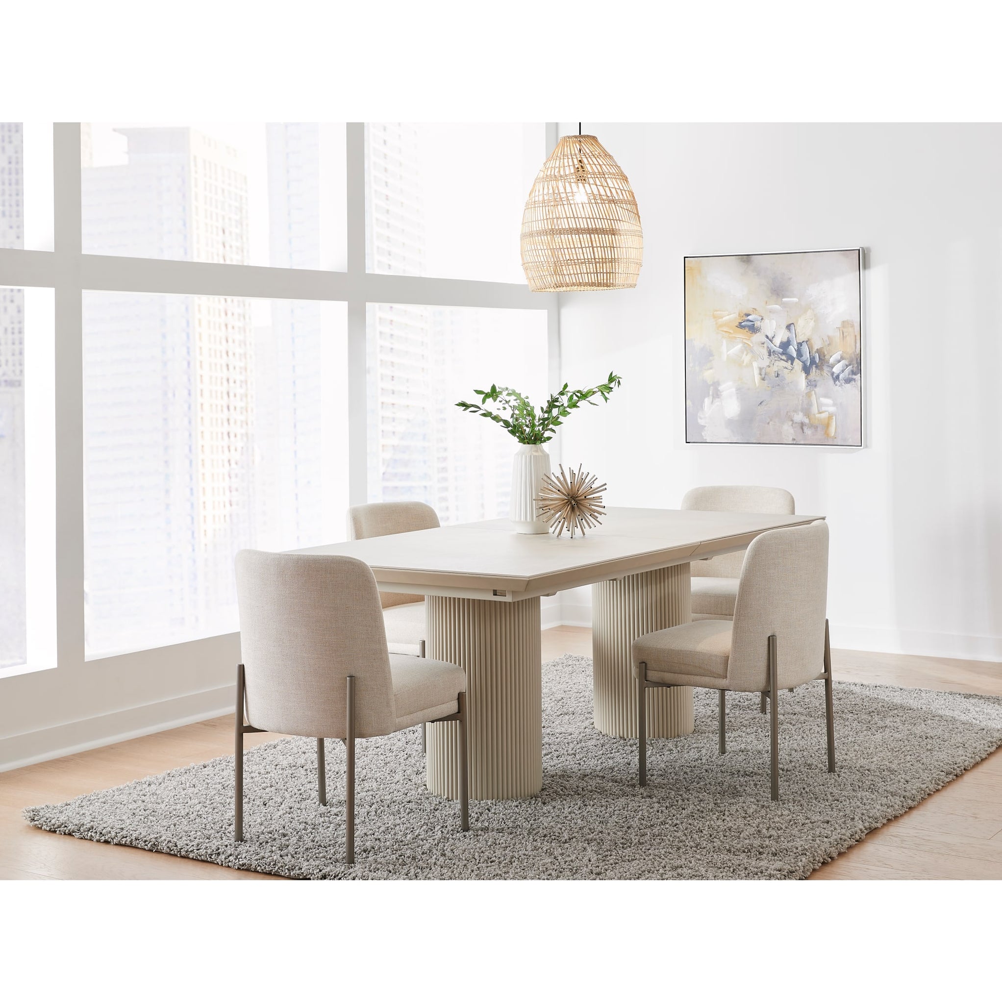 Cannon Stone Top Double Pedestal Extension Dining Table with Ivory Wood Base — Modus Furniture