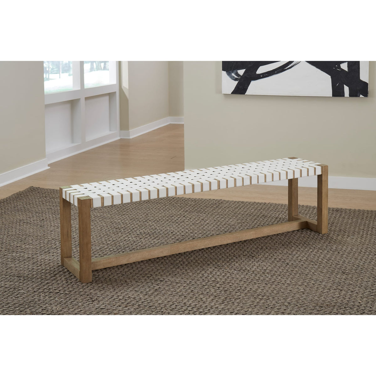 One Woven Leather and Solid Wood Dining Bench in White and Bisque ...
