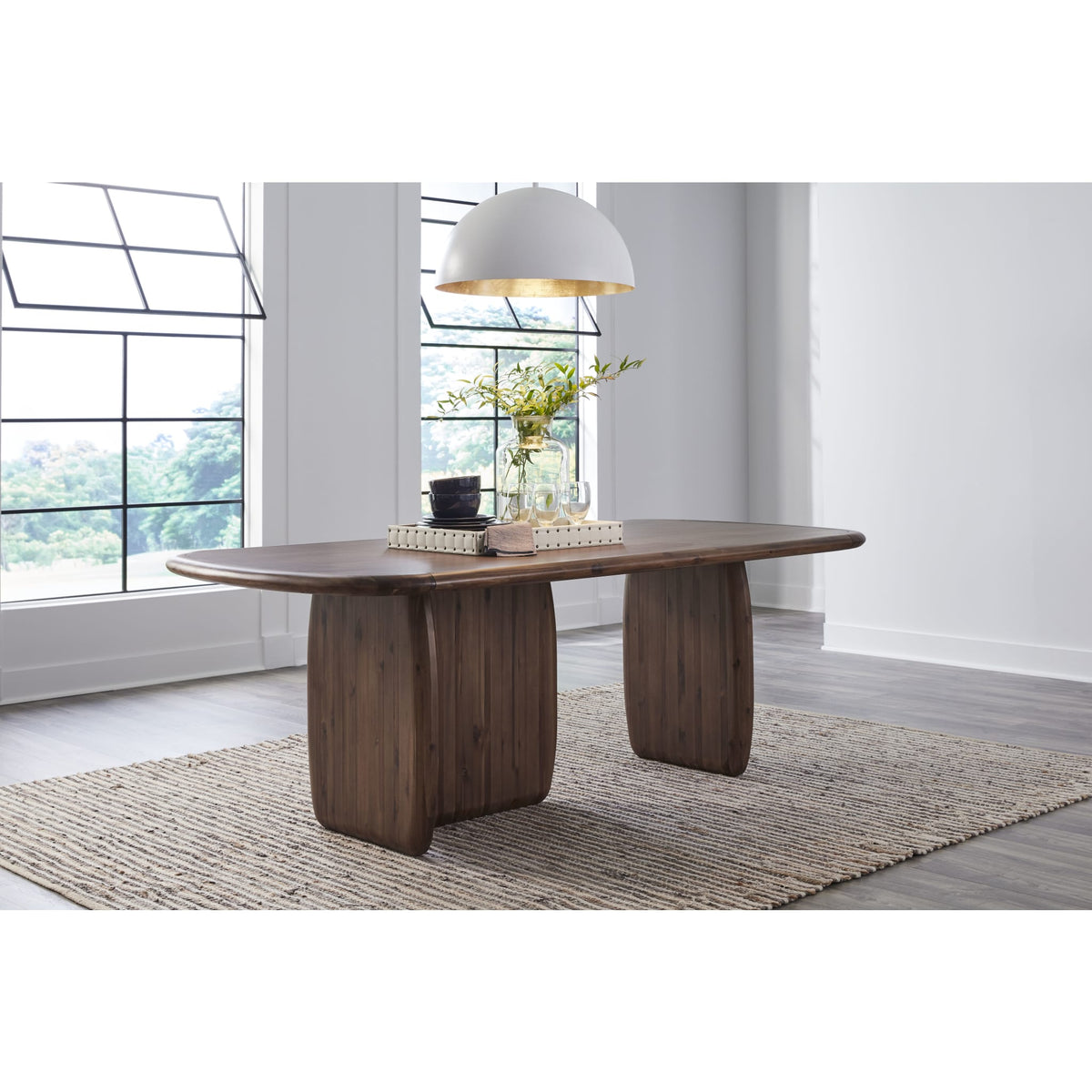 Xolani Rectangular Acacia Wood Pedestal Table in Impala — Modus Furniture